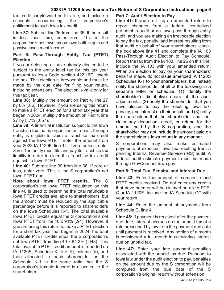 Download Instructions for Form IA1120S, 42-004 Iowa Income Tax Return ...
