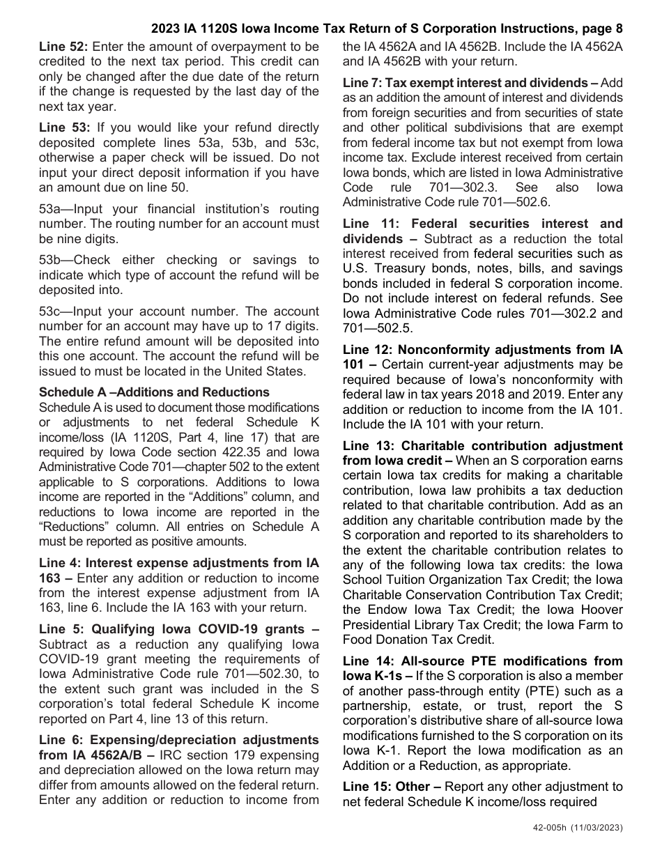 Download Instructions for Form IA1120S, 42-004 Iowa Income Tax Return ...