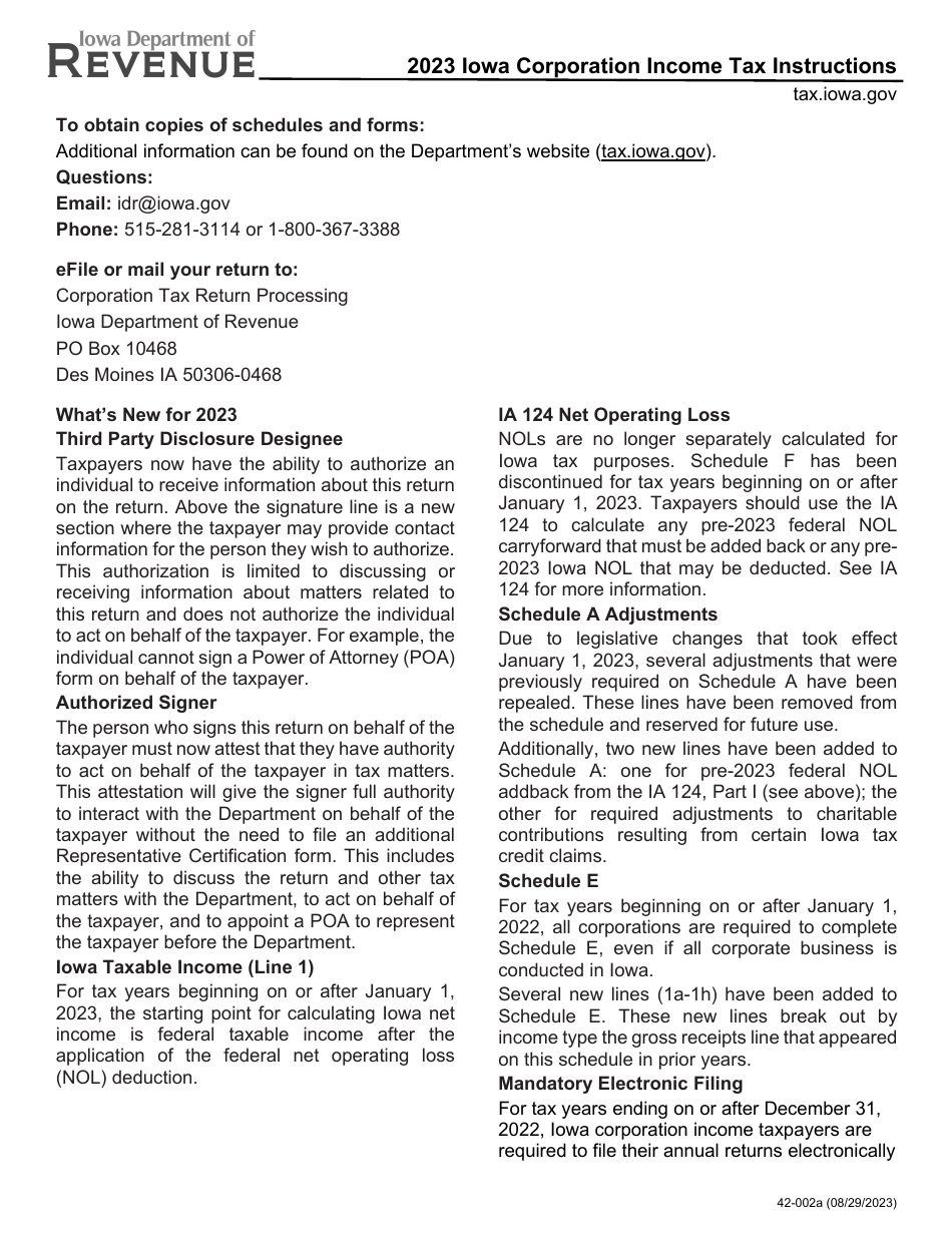 Download Instructions for Form IA1120, 42-001 Iowa Corporation Income ...