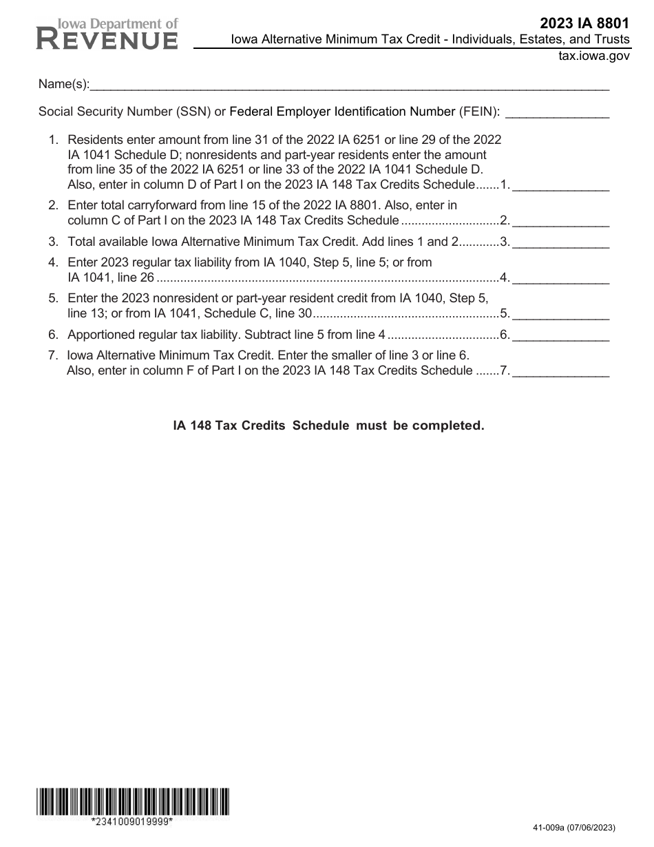 Form IA8801 (41-009) Download Fillable PDF or Fill Online Iowa ...