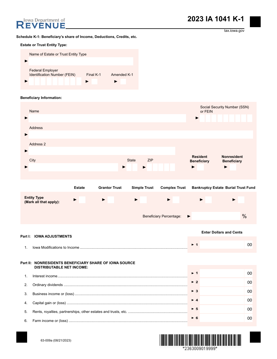 Form IA1041 (63-009) Schedule K-1 Download Fillable PDF or Fill Online ...