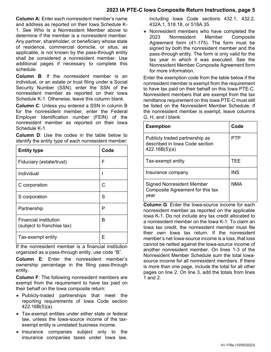 Download Instructions for Form IA PTE-C, 41-174 Iowa Composite Return ...