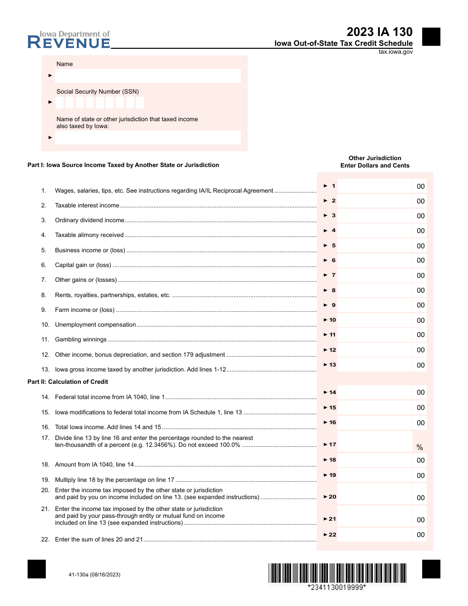 Form IA130 (41-130) Download Fillable PDF or Fill Online Iowa Out-of ...