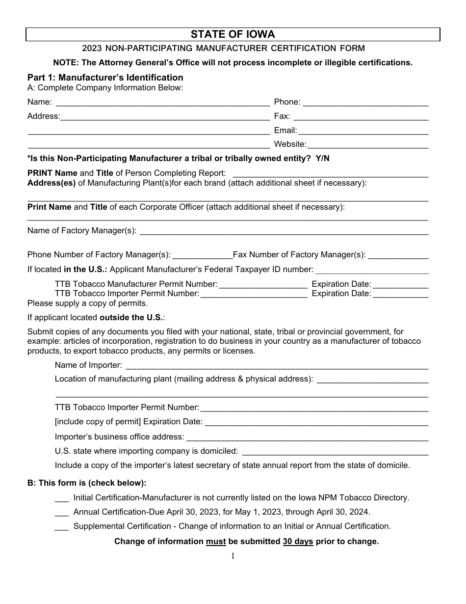2023 Iowa Non-participating Manufacturer Certification Form Download ...