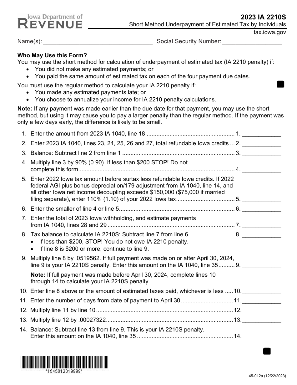 Form IA2210S (45-012) Download Fillable PDF or Fill Online Short Method ...