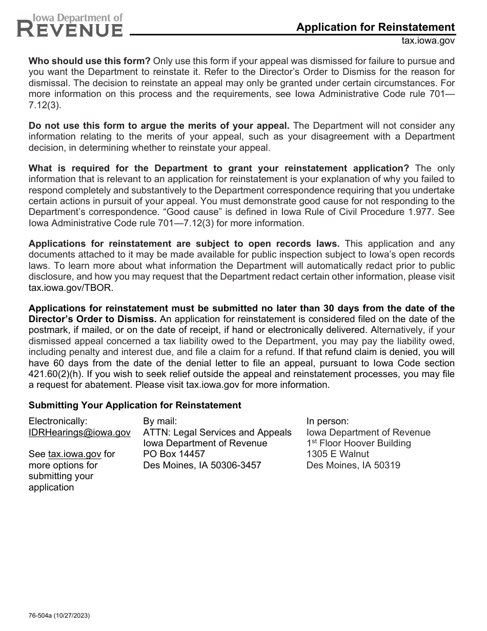 Form 76-504 Download Fillable PDF or Fill Online Application for ...