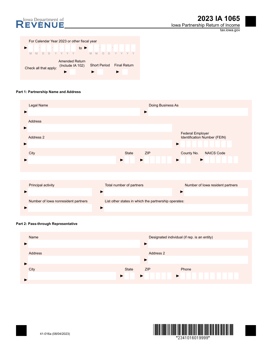 Form IA1065 (41-016) Download Fillable PDF or Fill Online Iowa ...