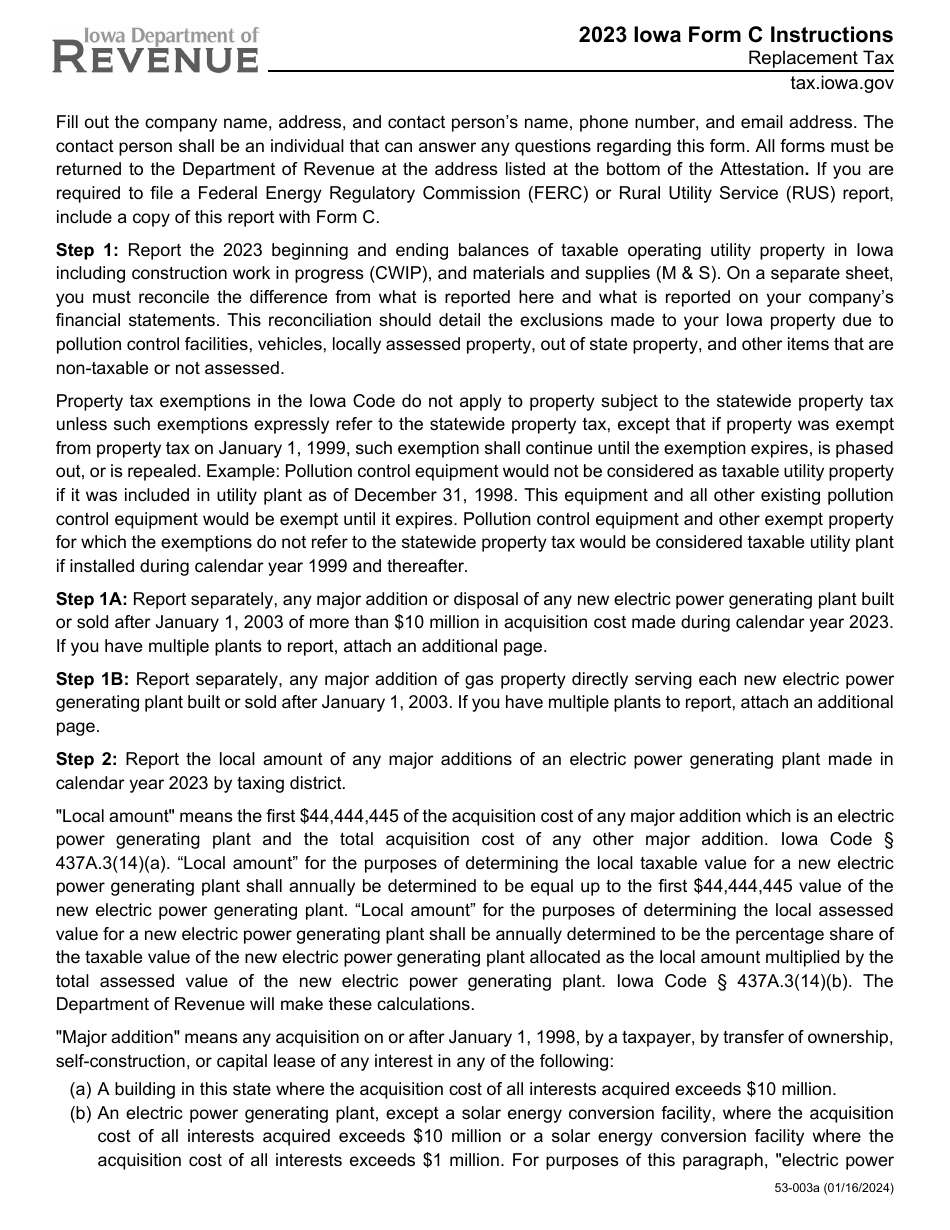 Download Instructions for Form C, 53-002 Replacement Tax - Adjustment ...