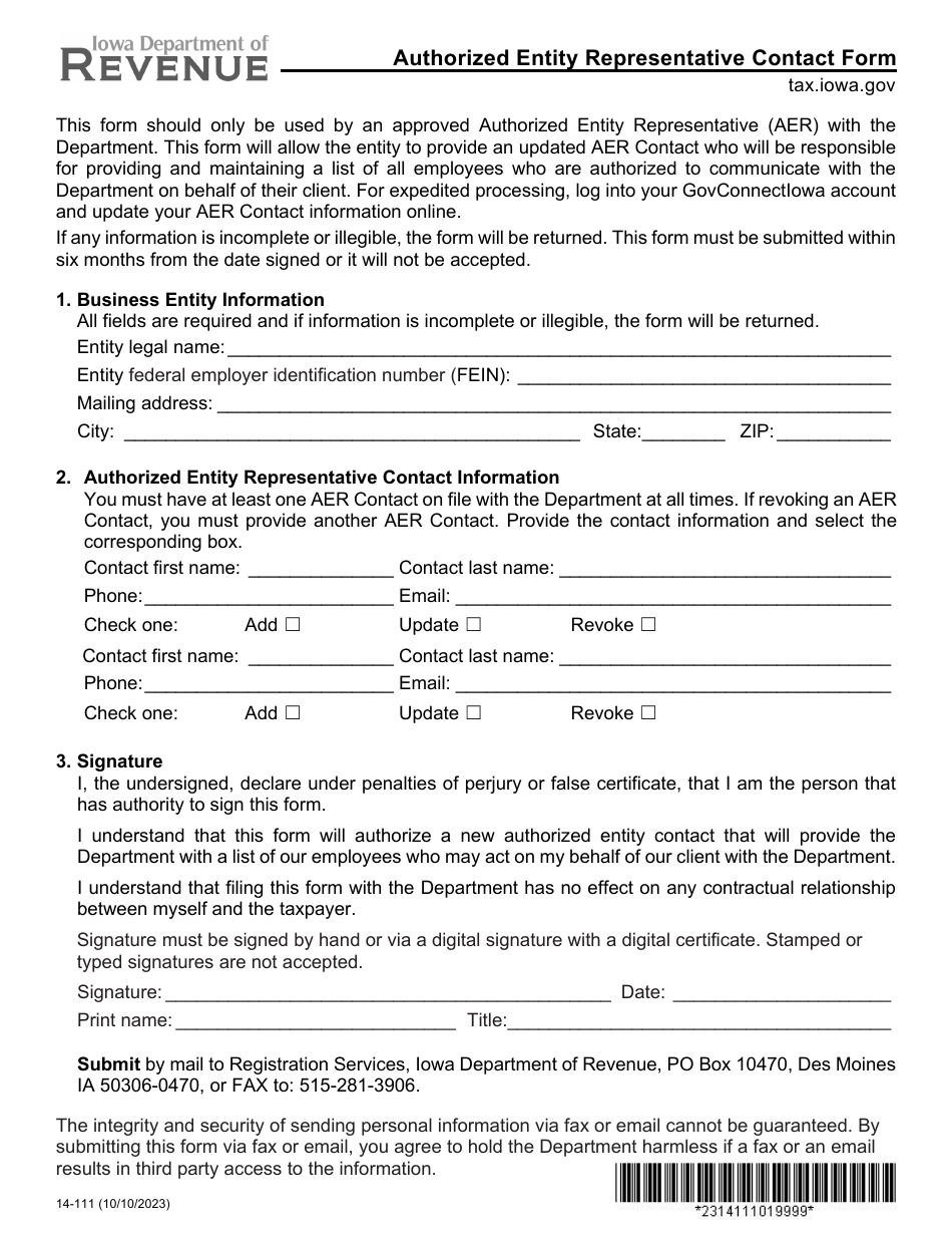 Form 14-111 - Fill Out, Sign Online and Download Fillable PDF, Iowa ...