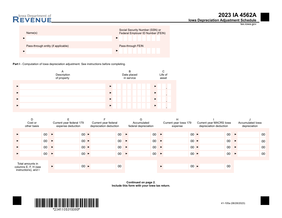 Form IA4562A (41-105) Download Fillable PDF or Fill Online Iowa ...