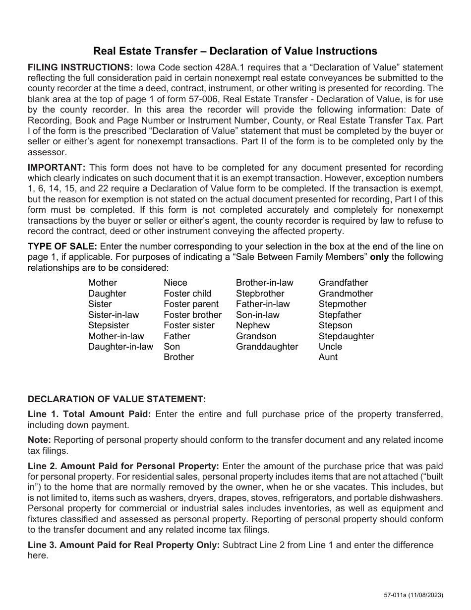 Download Instructions for Form 57-006 Real Estate Transfer - Declaration of Value PDF ...