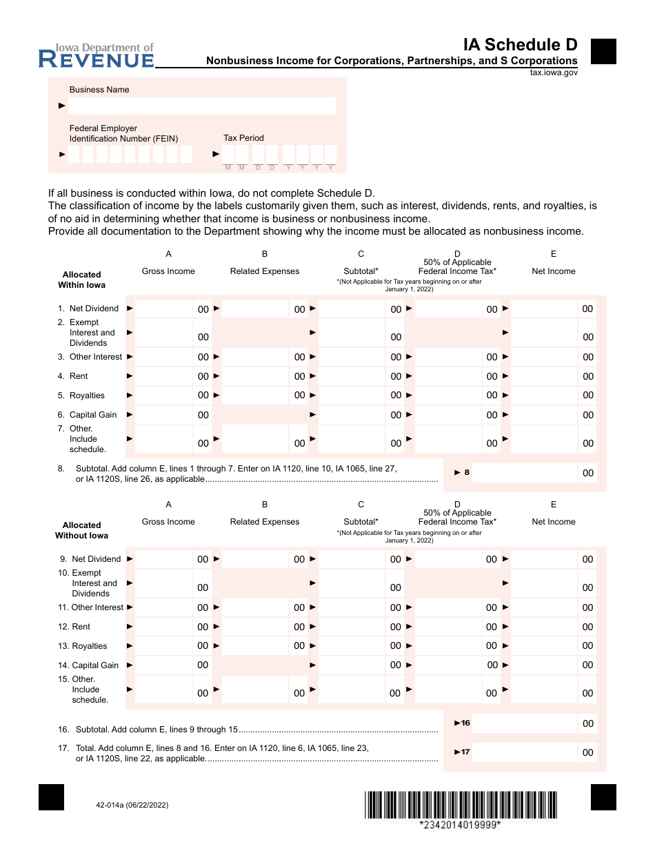 Form 42-014 Schedule D Download Fillable PDF or Fill Online Nonbusiness ...