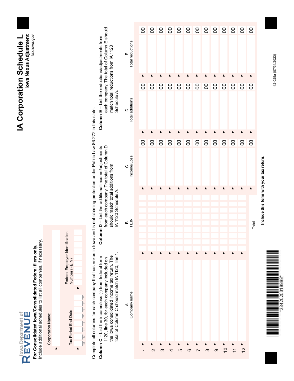 Form 42-025 Schedule L Download Fillable PDF or Fill Online Iowa Nexus ...