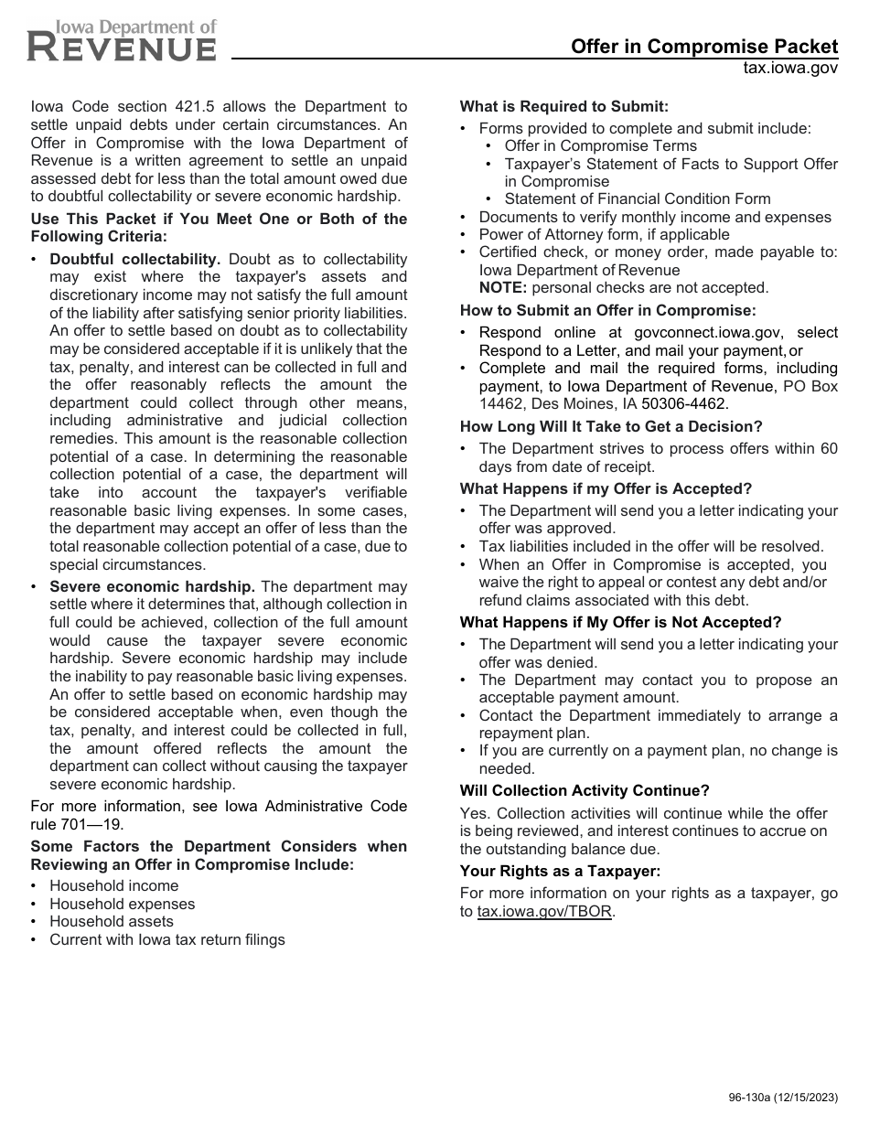 Form 96-130 - Fill Out, Sign Online and Download Printable PDF, Iowa ...