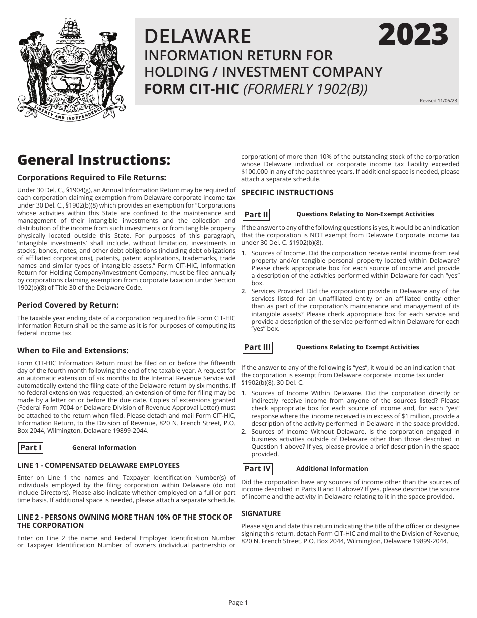 Download Instructions for Form CIT-HIC Information Return - Holding ...