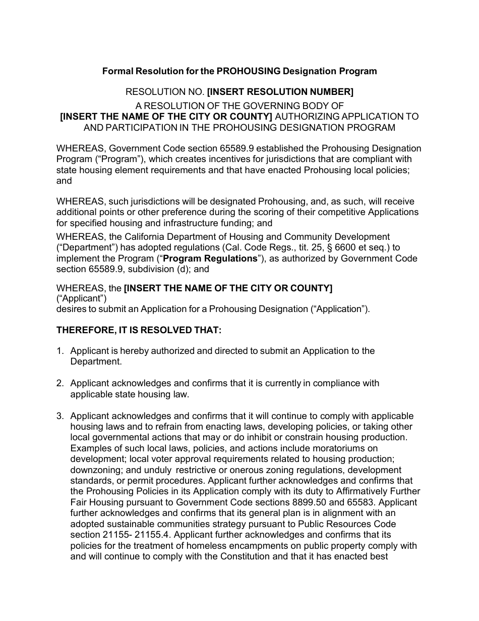 California Formal Resolution for the Prohousing Designation Program ...