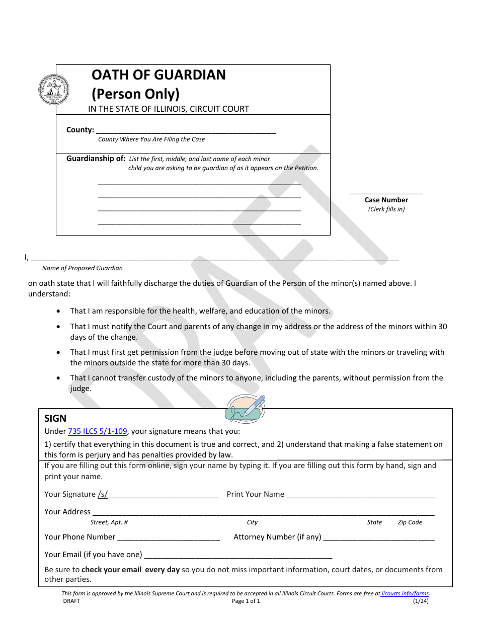Illinois Oath of Guardian (Person Only) - Draft - Fill Out, Sign Online ...