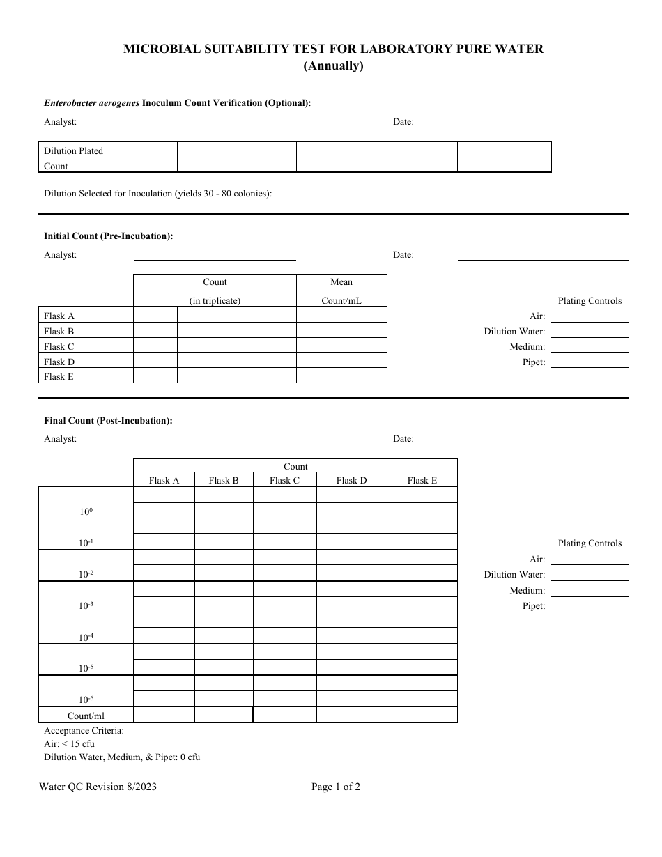 Illinois Microbial Suitability Test for Laboratory Pure Water (Annually ...
