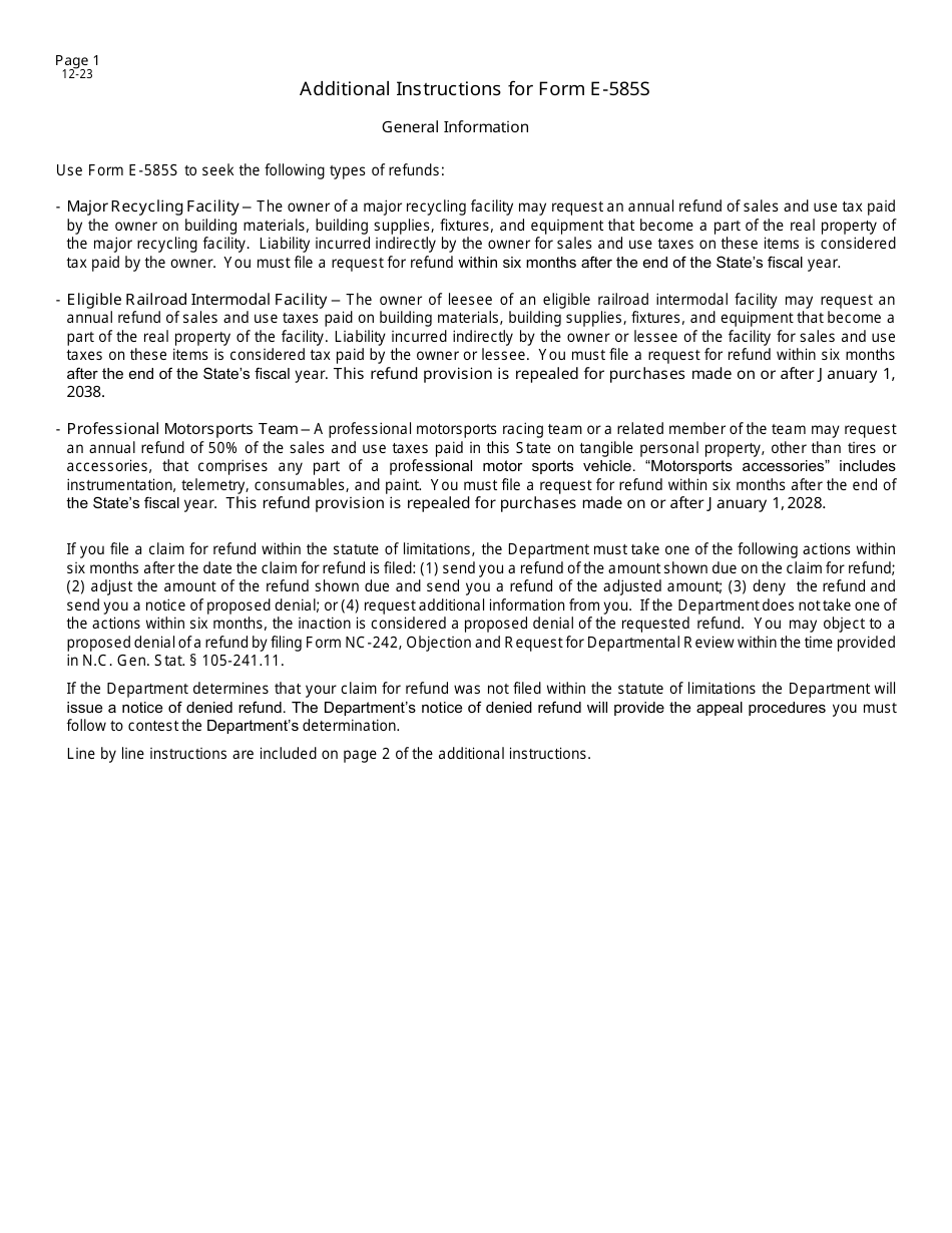 Download Instructions for Form E-585S Incentive Claim for Refund State ...