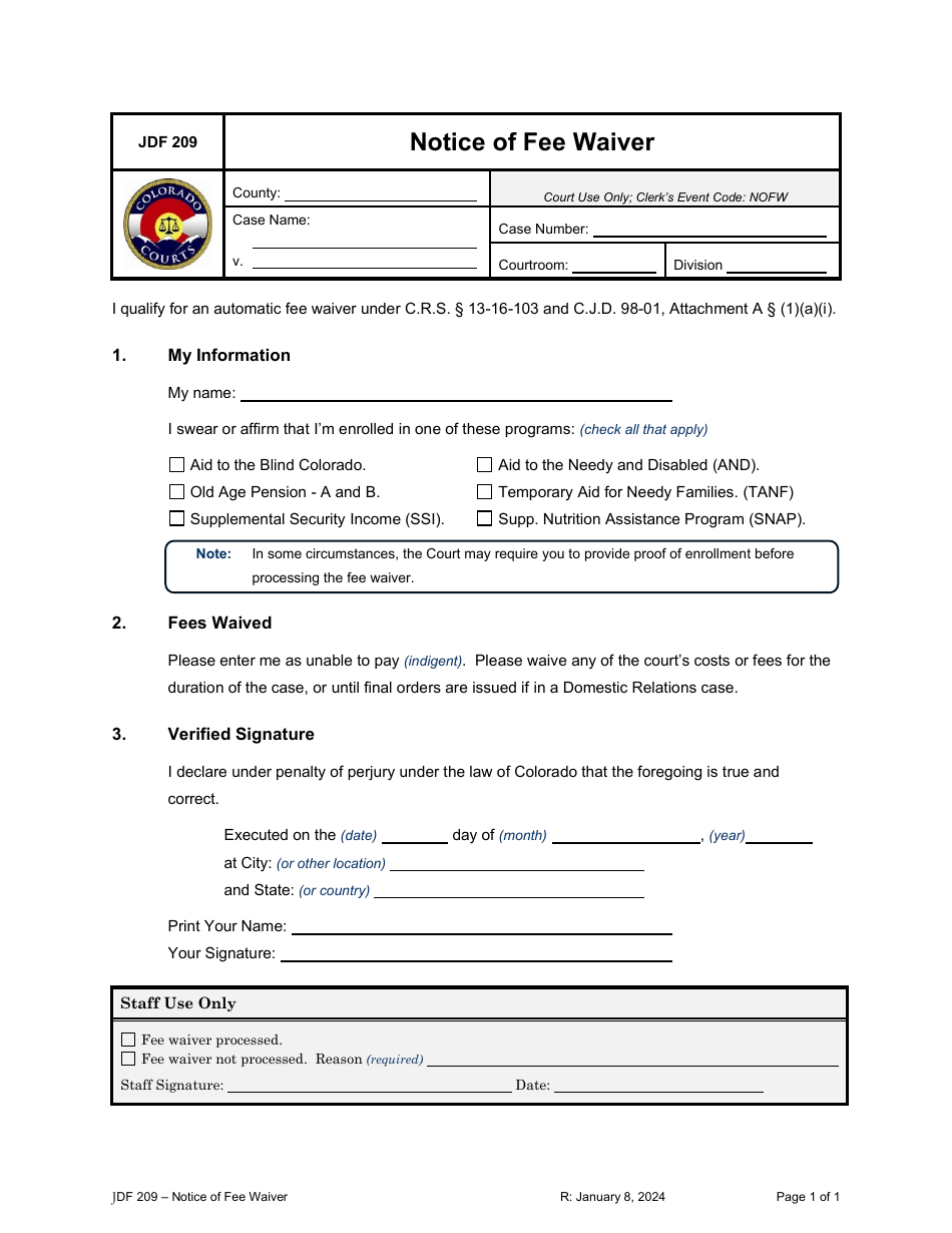 Form JDF209 Download Fillable PDF or Fill Online Notice of Fee Waiver ...