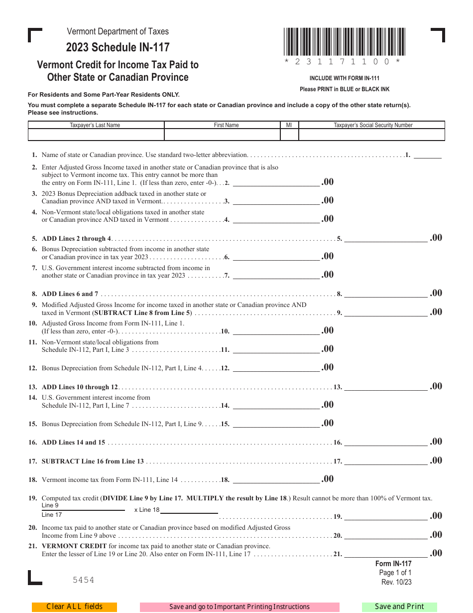 2023 Vermont Vermont Credit for Income Tax Paid to Other State or ...