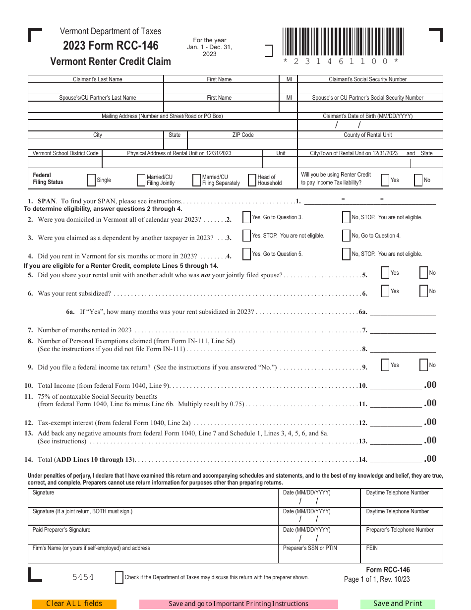 Form RCC-146 Download Fillable PDF or Fill Online Vermont Renter Credit ...