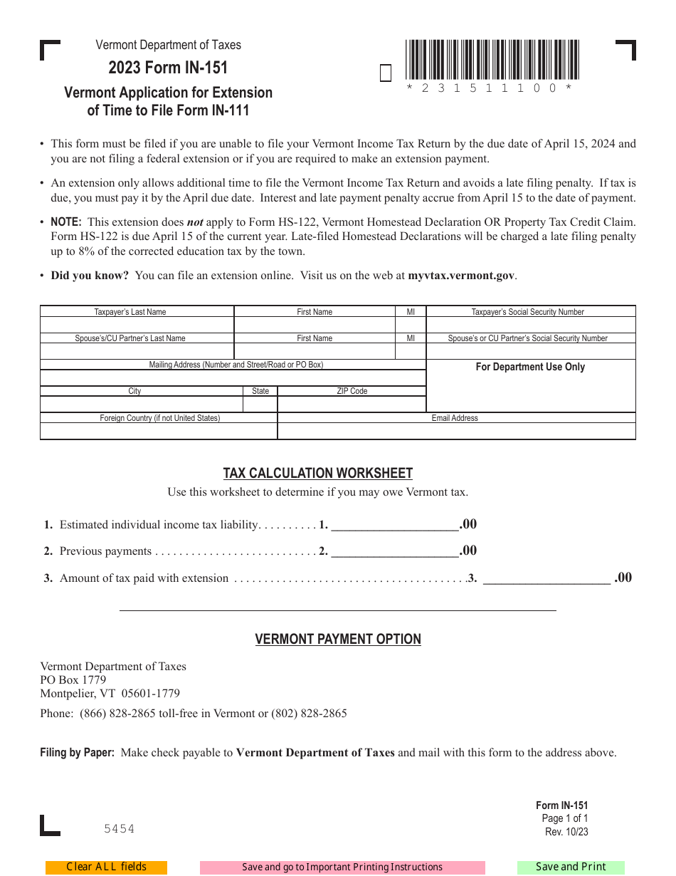 Form IN-151 Download Fillable PDF or Fill Online Vermont Application ...