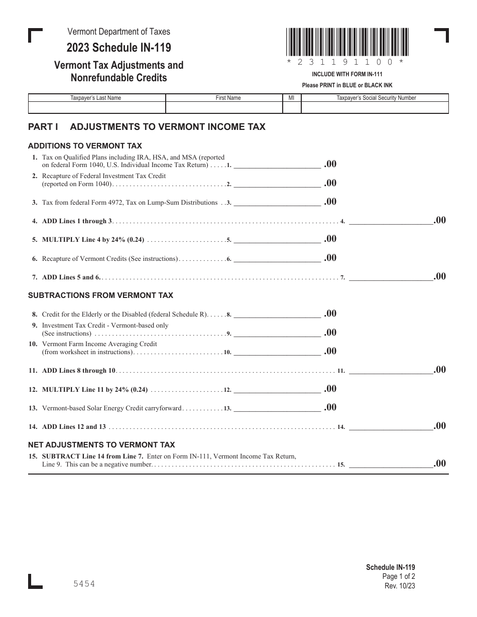 Schedule IN-119 Download Fillable PDF or Fill Online Vermont Tax ...