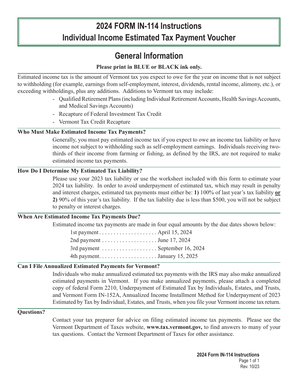 Download Instructions for Form IN-114 Vermont Individual Income ...