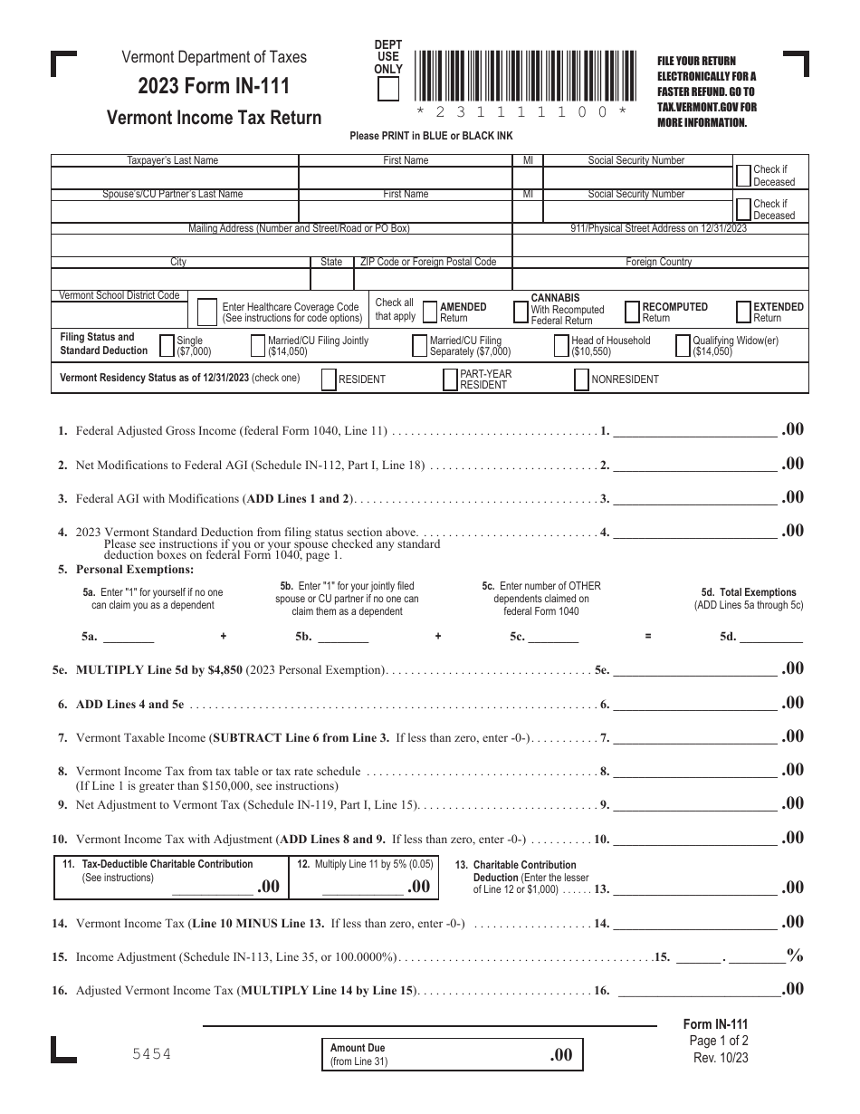 Form IN-111 Download Fillable PDF or Fill Online Vermont Income Tax ...