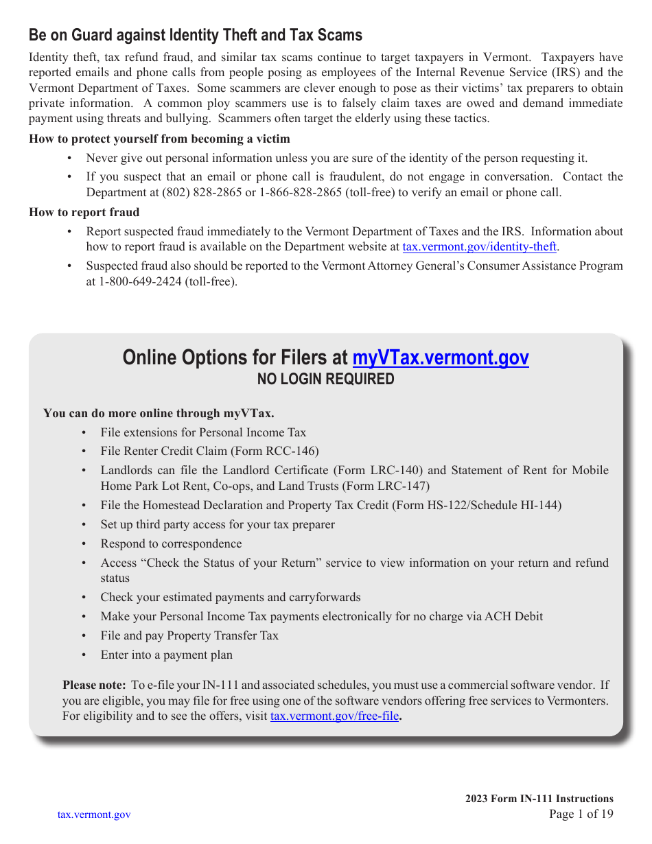 Download Instructions for Form IN-111 Vermont Income Tax Return PDF ...