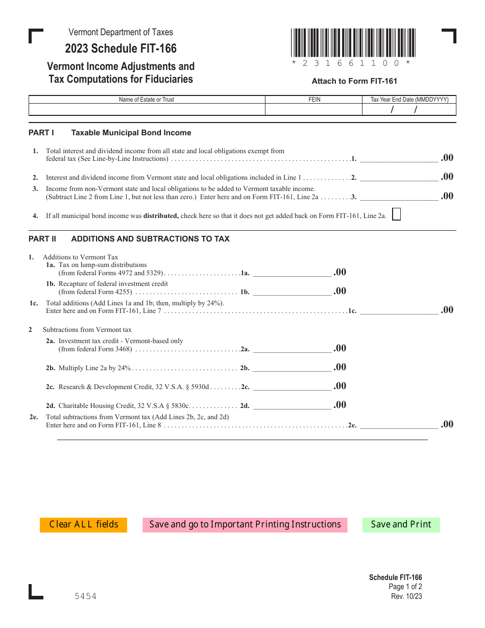 Schedule FIT-166 Download Fillable PDF or Fill Online Vermont Income ...