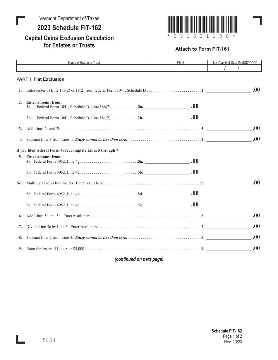 2023 Vermont Capital Gains Exclusion Calculation for Estates or Trusts ...
