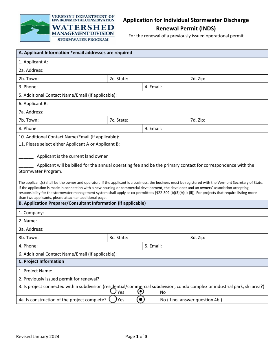 Vermont Application for Individual Stormwater Discharge Renewal Permit ...