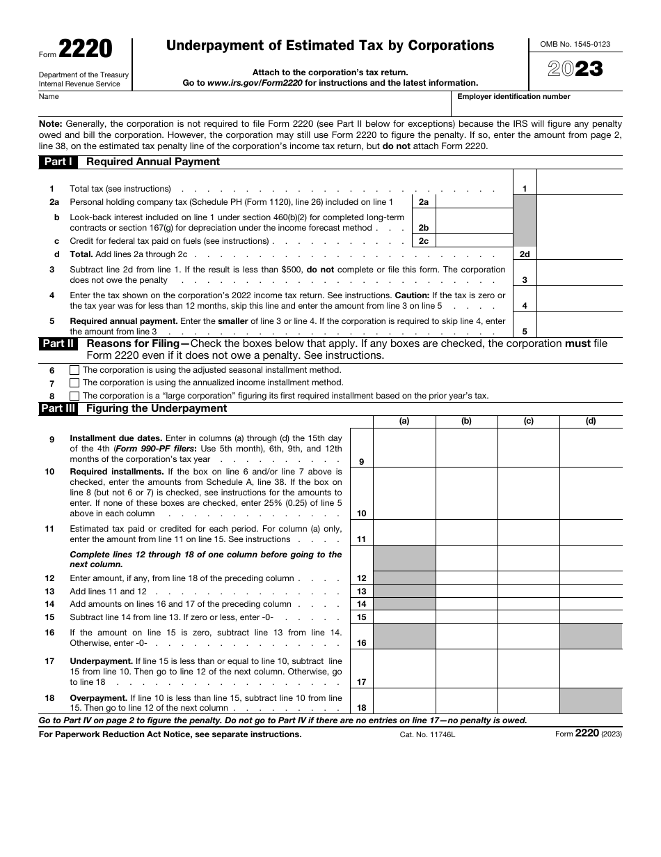 IRS Form 2220 Download Fillable PDF or Fill Online Underpayment of ...