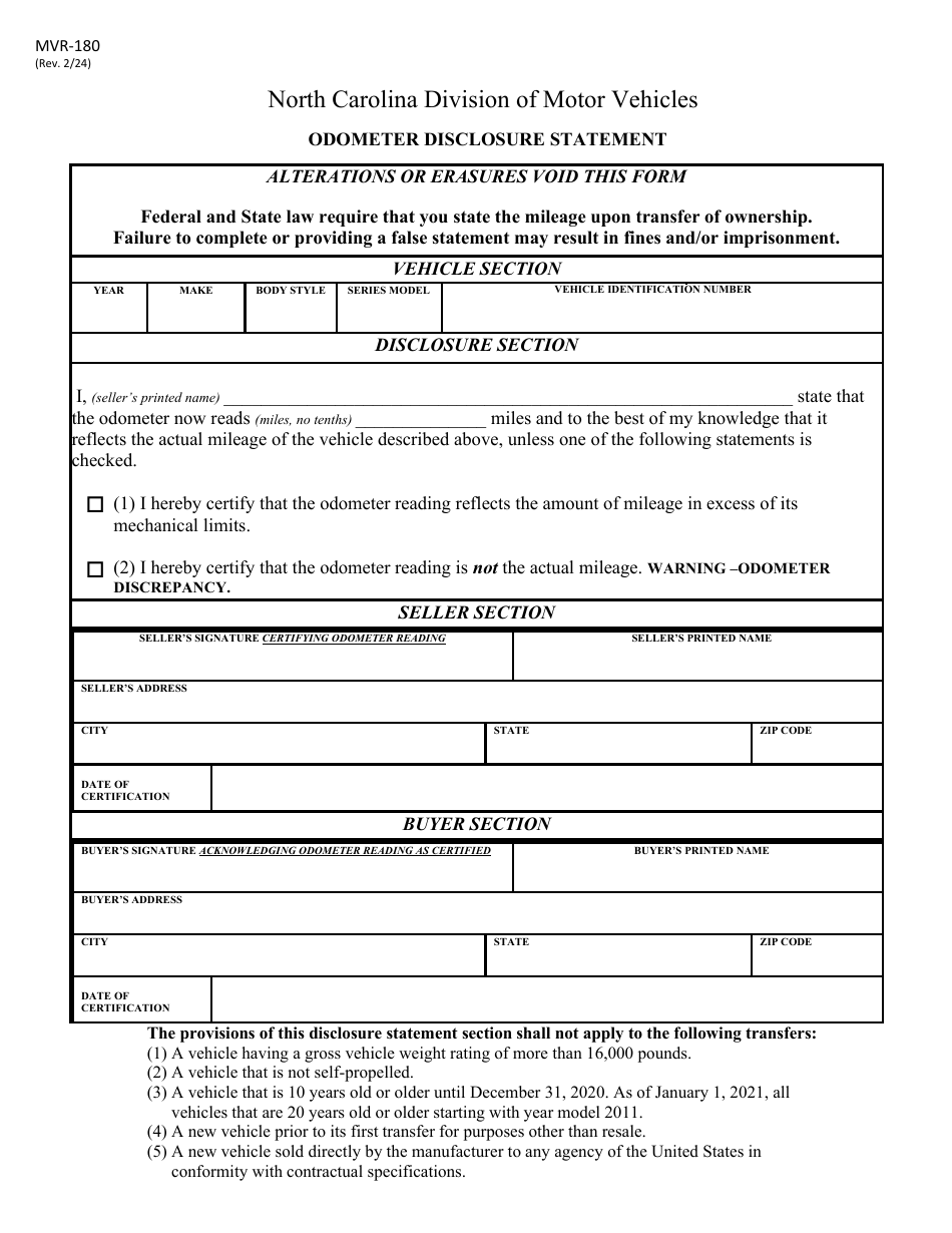 Form MVR-180 Download Fillable PDF or Fill Online Odometer Disclosure ...