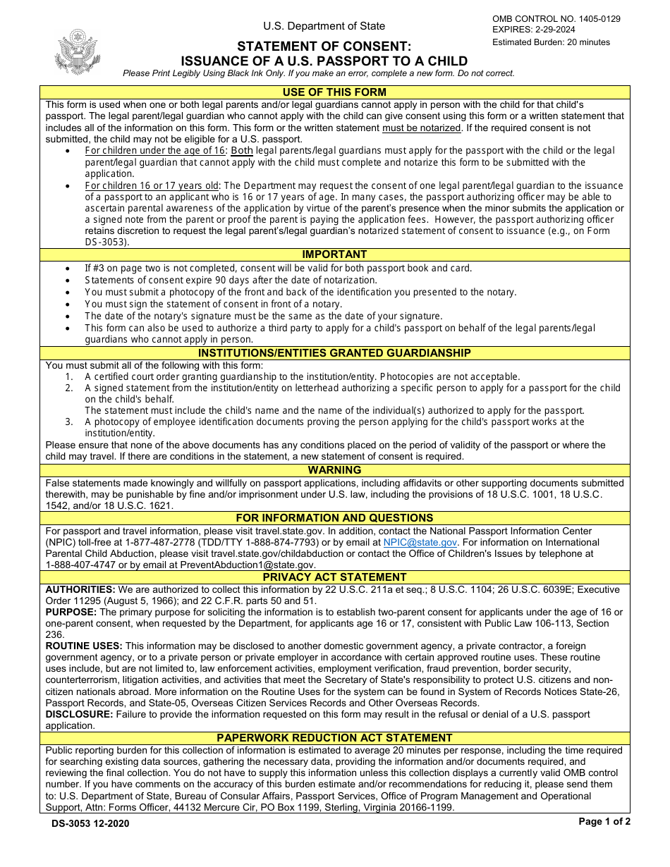 Form DS-3053 Download Fillable PDF or Fill Online Statement of Consent ...