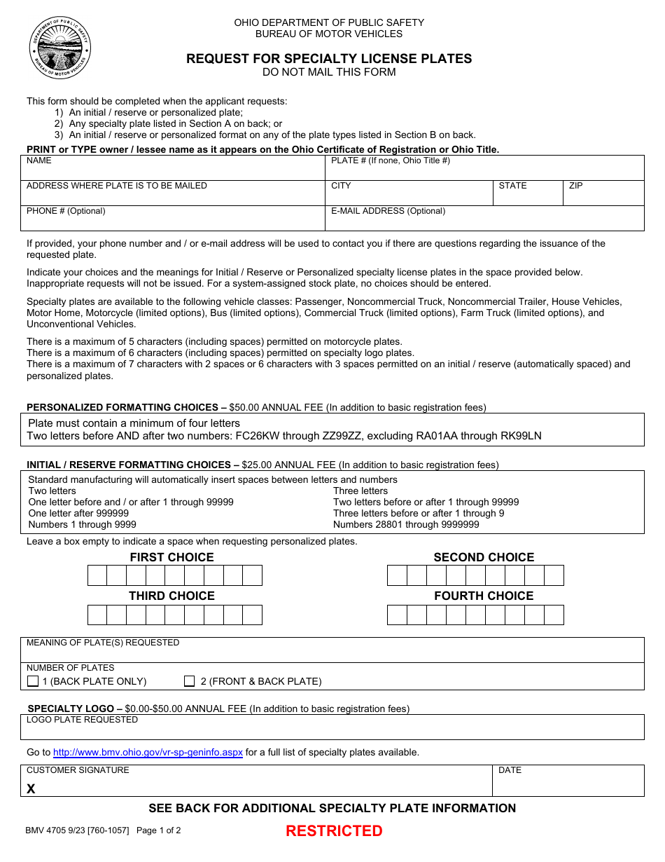 Form BMV4705 Download Printable PDF or Fill Online Request for Special ...