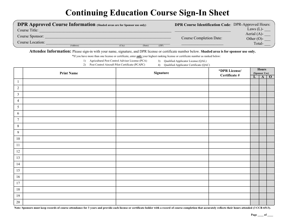 California Continuing Education Course Sign-In Sheet - Fill Out, Sign ...