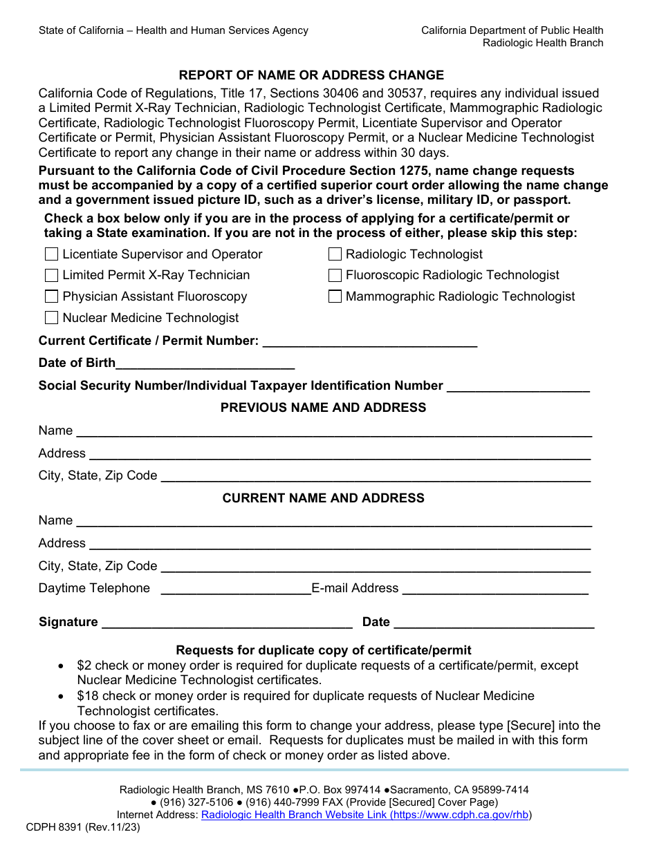 Form CDPH8391 Download Fillable PDF or Fill Online Report of Name or ...