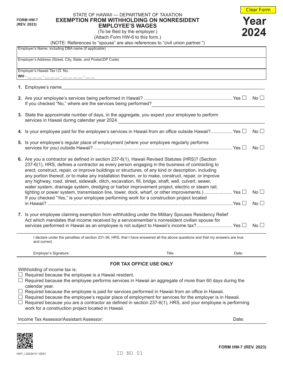 Form HW-7 Download Fillable PDF or Fill Online Exemption From ...