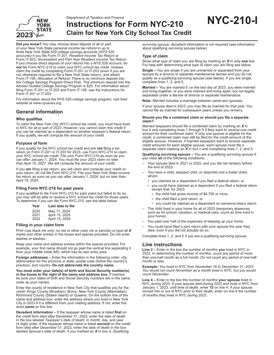 Download Instructions for Form NYC-210 Claim for New York City School ...