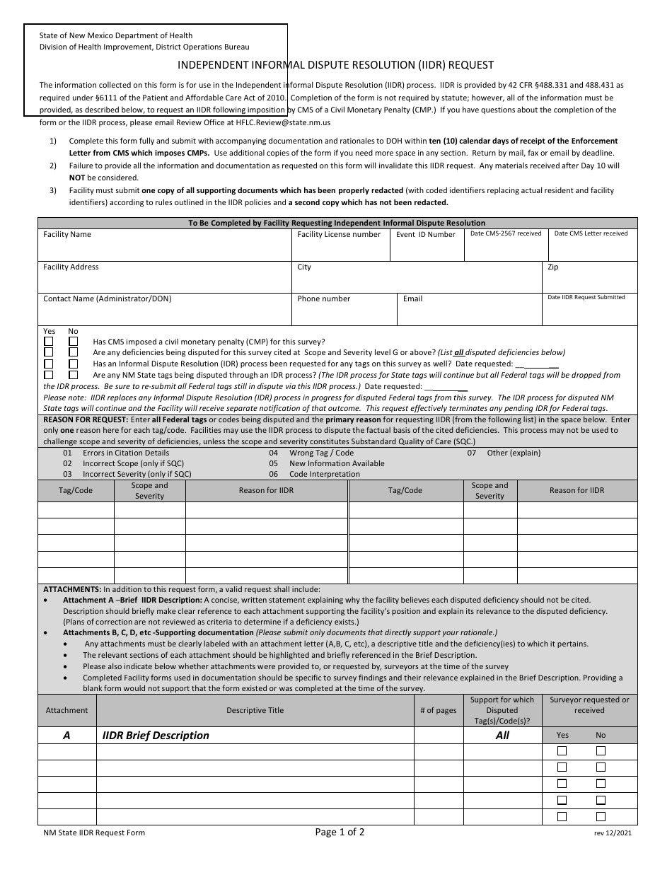 New Mexico Independent Informal Dispute Resolution (Iidr) Request ...