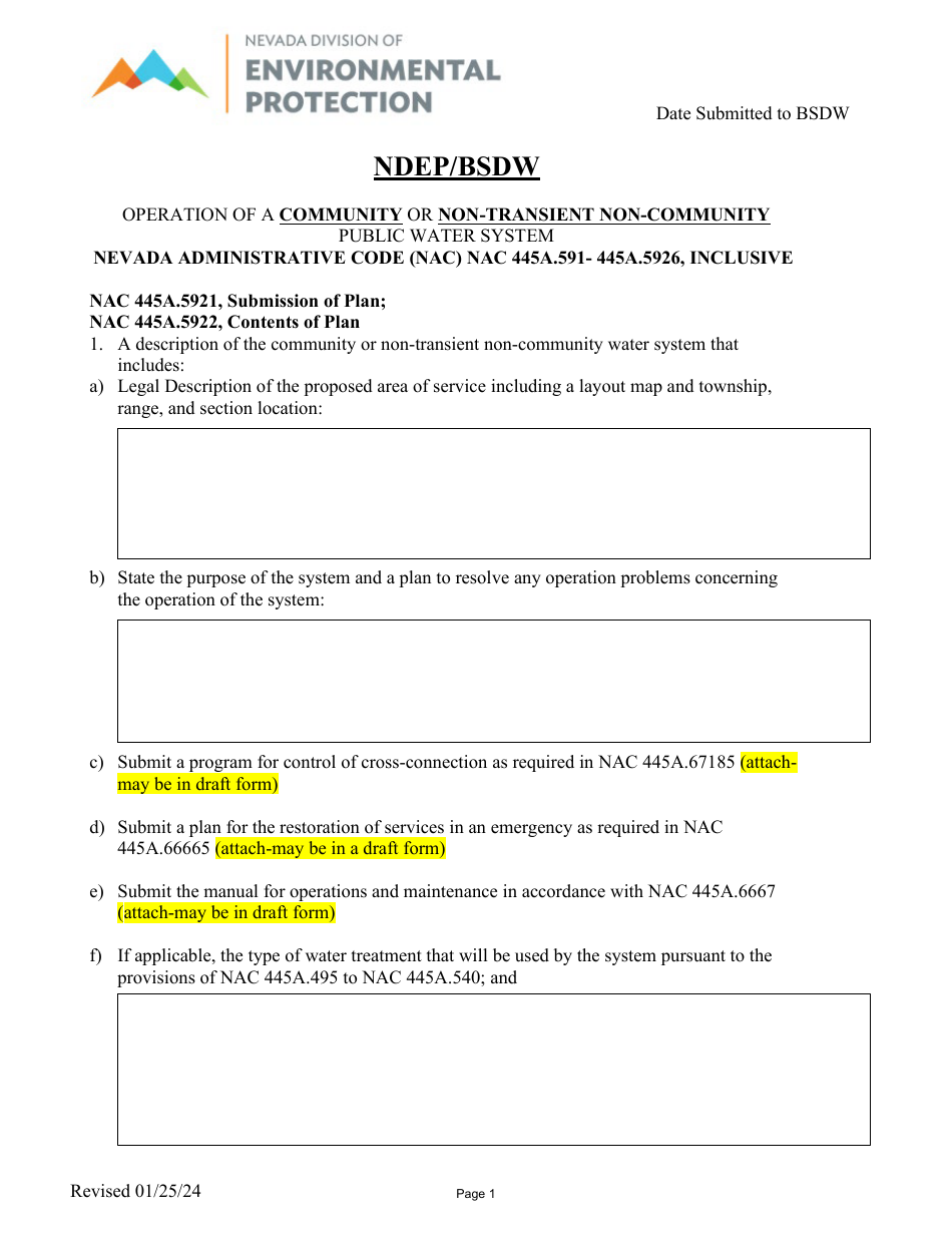 Nevada Plan to Operate a Community and Non-transient Non-community ...