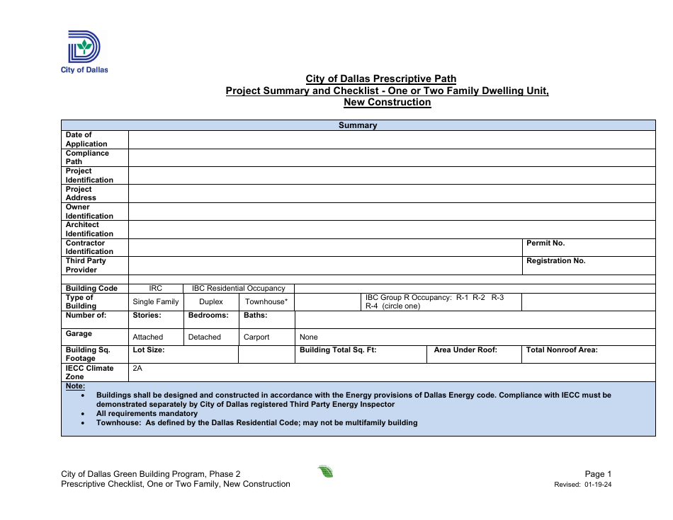 City of Dallas, Texas Project Summary and Checklist - One or Two Family ...