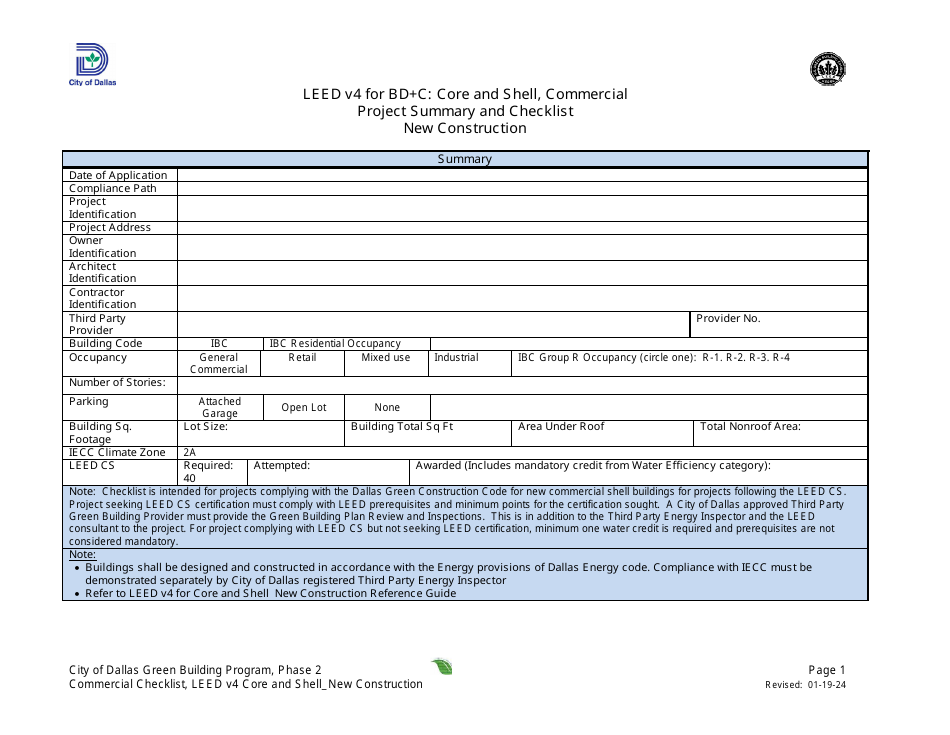 City of Dallas, Texas Leed V4 for BD+c: Core and Shell, Commercial Project Summary and Checklist ...