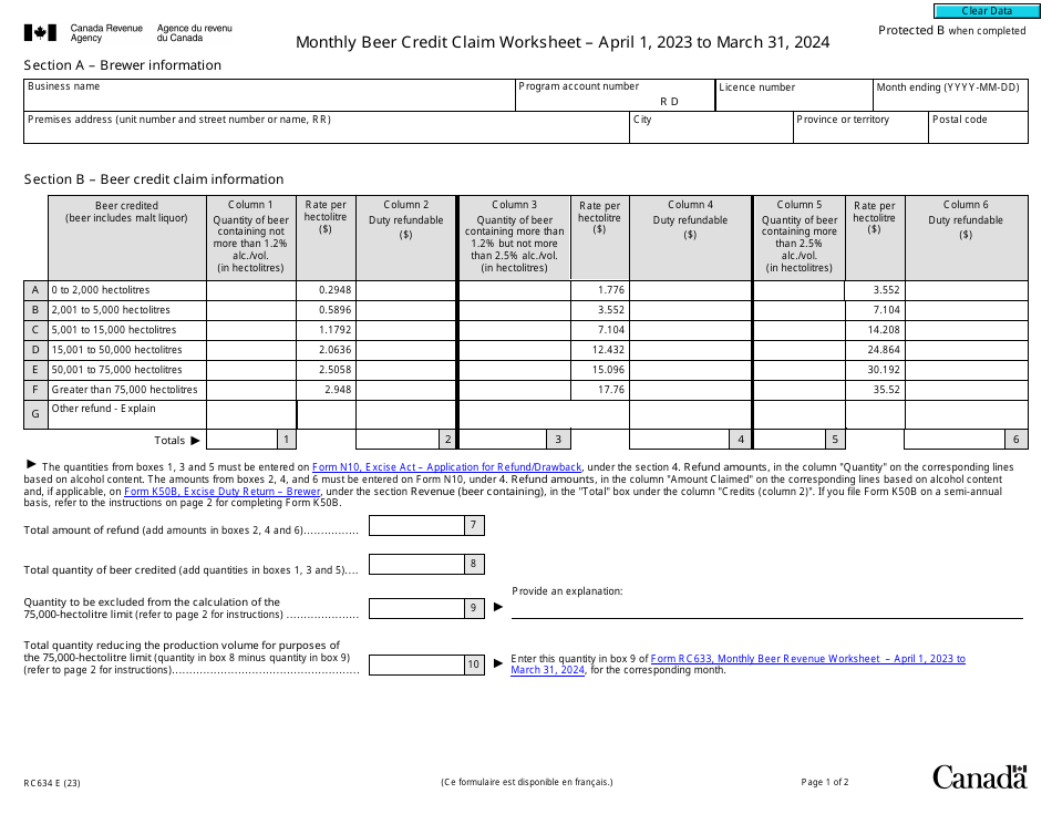 Form RC634 Download Fillable PDF or Fill Online Monthly Beer Credit ...