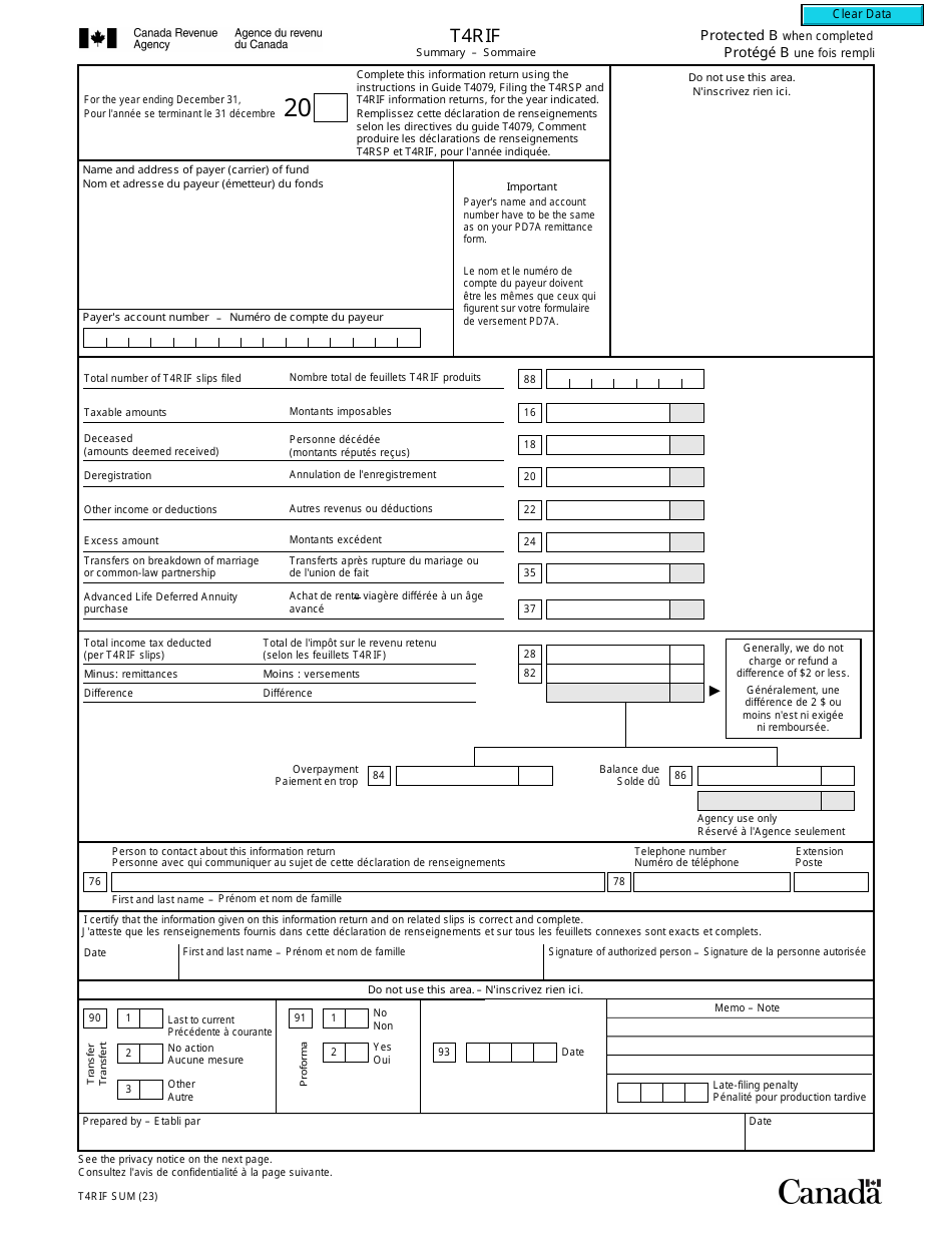 Form T4RIF SUM Download Fillable PDF or Fill Online Summary, Canada ...