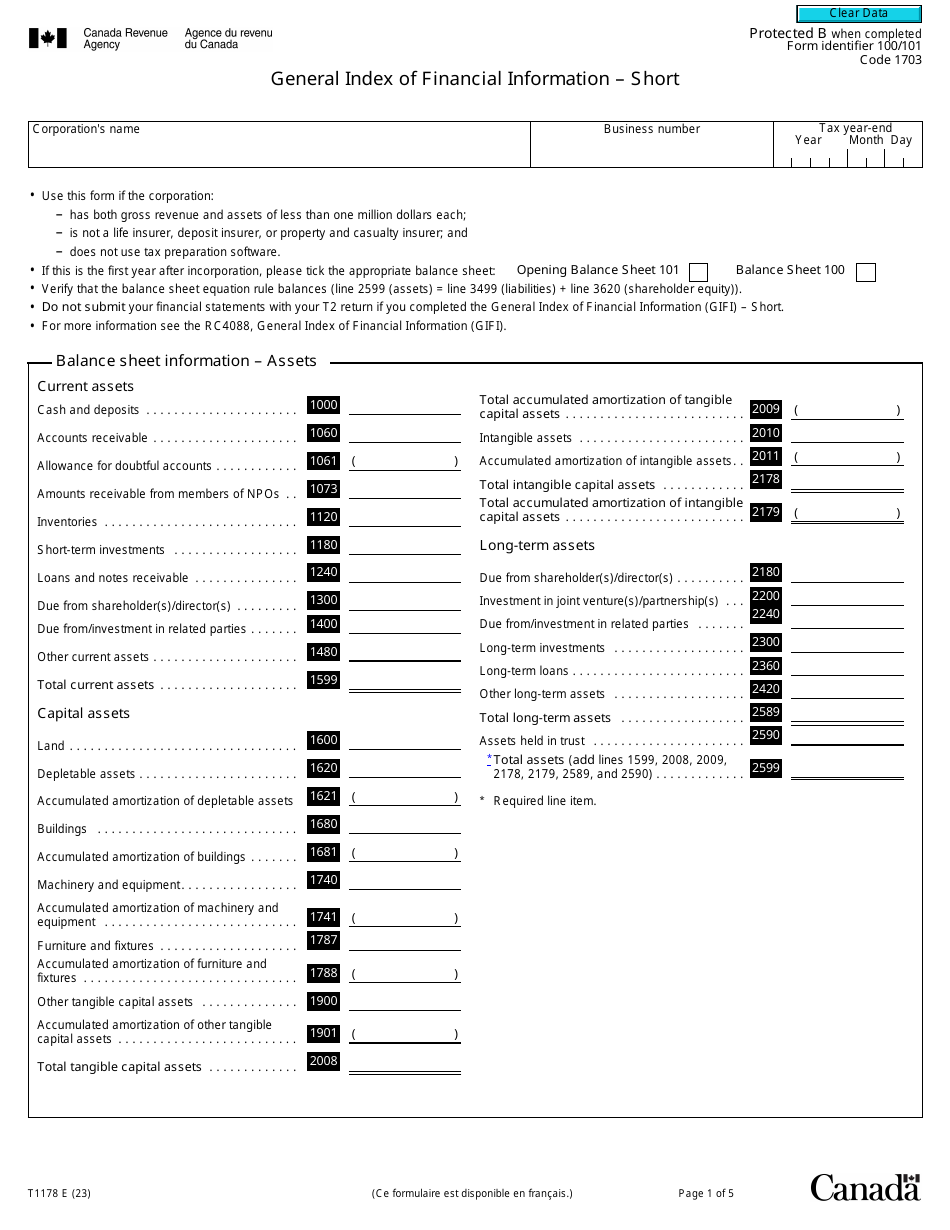 Form T1178 Download Fillable PDF or Fill Online General Index of ...