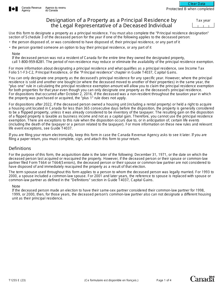 Form T1255 Download Fillable PDF or Fill Online Designation of a ...